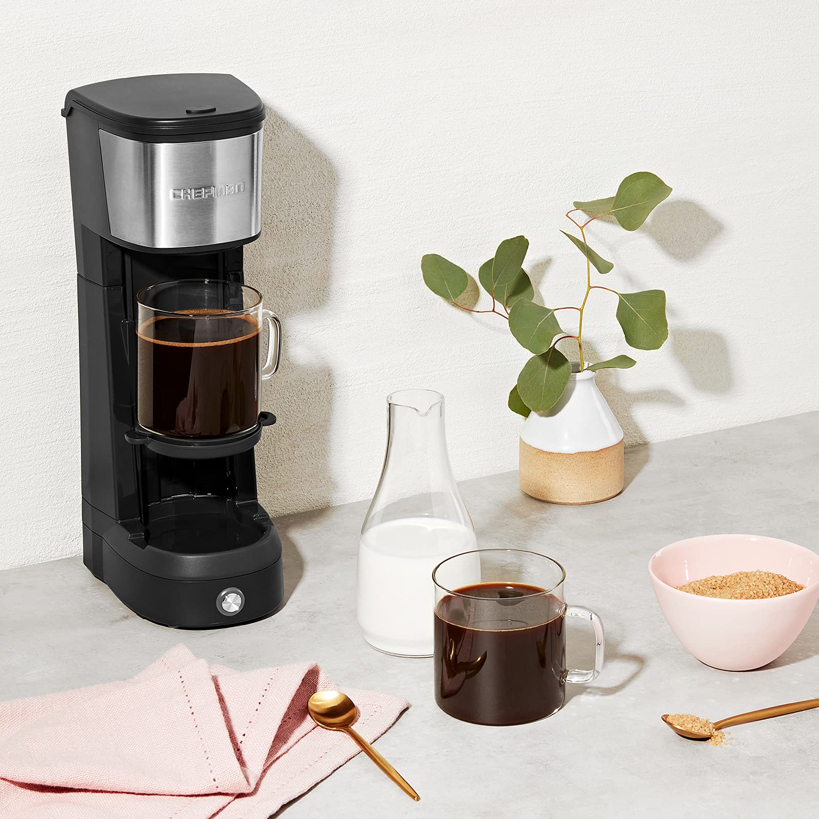 Chefman InstaCoffee Max, The Easiest Way to Brew the Boldest Single-Serve Coffee, Use Fresh And Flavorful Grounds or K-Cups With A Convenient Built-In Lift, Black/Stainless Steel