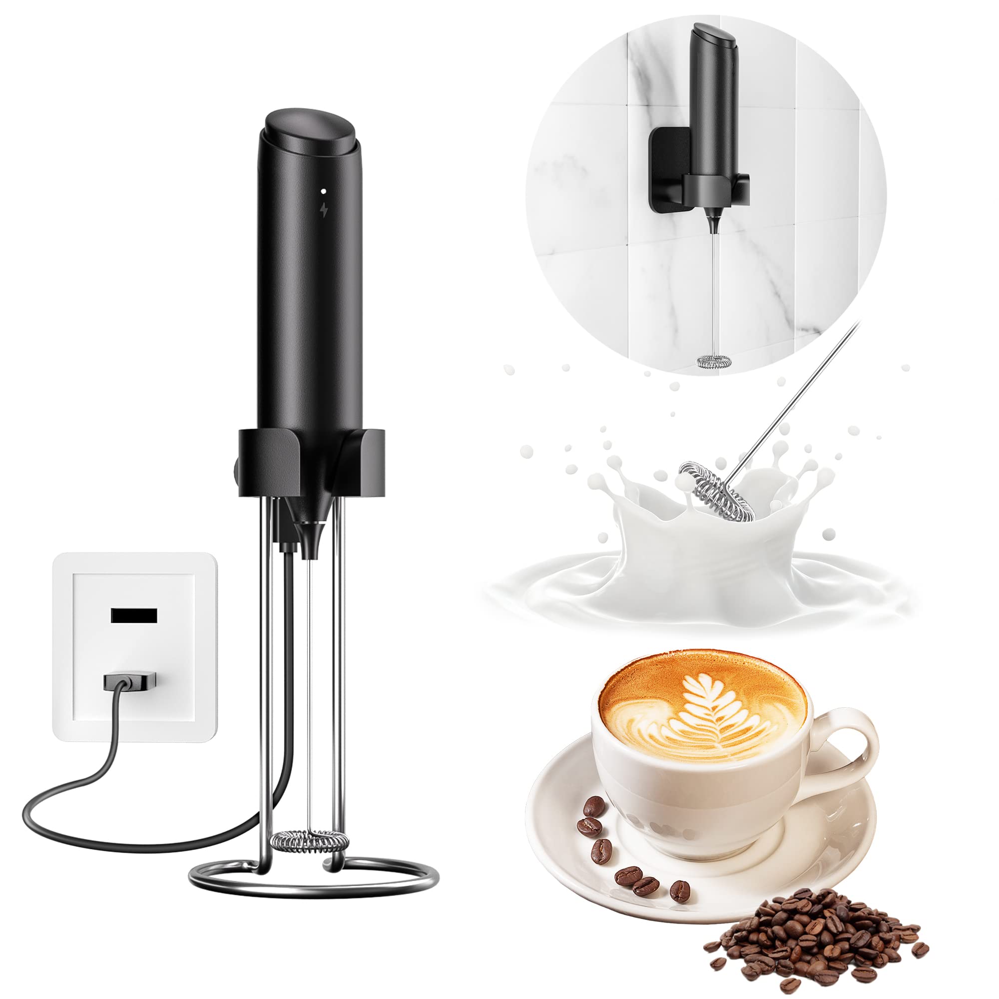 Milk Frother Handheld, BGFOX Drink Mixer Electric Handheld with Stainless Steel Stand, Rechargeable Frother for Coffee for Cappuccino, Latte, Protein Powder, Hot Chocolate, Matcha, Black