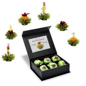 creano tea flowers mix 6pcs set blooming tea green tea in elegant magnetic box with silver embossing