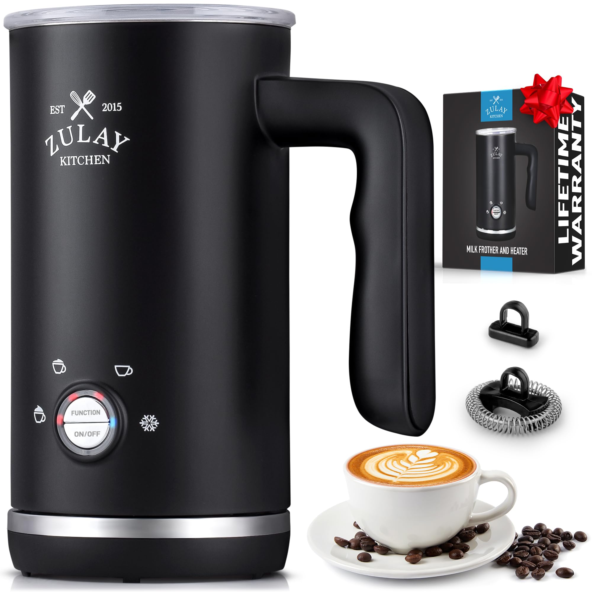 Zulay Kitchen 4-in-1 Milk Steamer - Automatic Milk Frother Electric (10oz/300ml) - Milk Frother and Steamer - Stainless Steel Electric Milk Frother For Latte, Cappuccino, Hot Chocolate (Turbo Black)