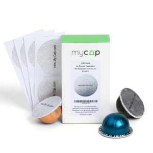 my-cap 200 foil seals for nespresso vertuo pods - foil lids to reuse nespresso vertuoline capsules - aluminum lids seals foil - reuse your nespresso coffee capsules (pack of 200)