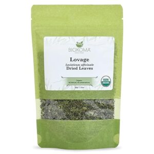 biokoma pure and organic lovage dried leaves 50g (1.76oz) in resealable moisture proof pouch, usda certified organic - herbal tea, no additives, no preservatives, no gmo