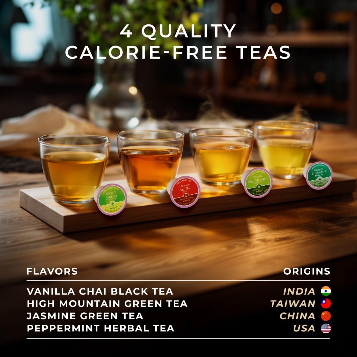 Evening Calm Tea K Cups Tea Variety Pack - 4 Flavors of Keurig Tea K-Cups for Stress Relief - Vanilla Chai, Peppermint, High Mountain, Jasmine Keurig Tea Pods - K Cup Tea Pods for Keurig