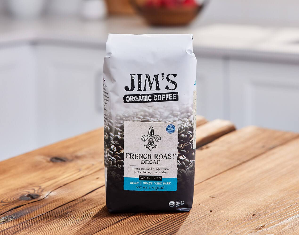 Jim’s Organic Coffee – French Roast Decaf – Dark Roast, Whole Bean, 11 oz Bag