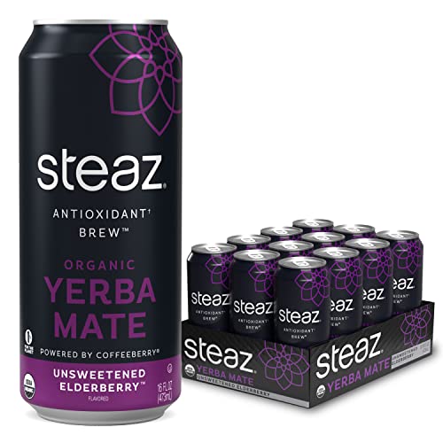 Steaz Antioxidant Brew Organic Yerba Mate Tea 16 oz. Pack of 12 (Unsweetened Elderberry)