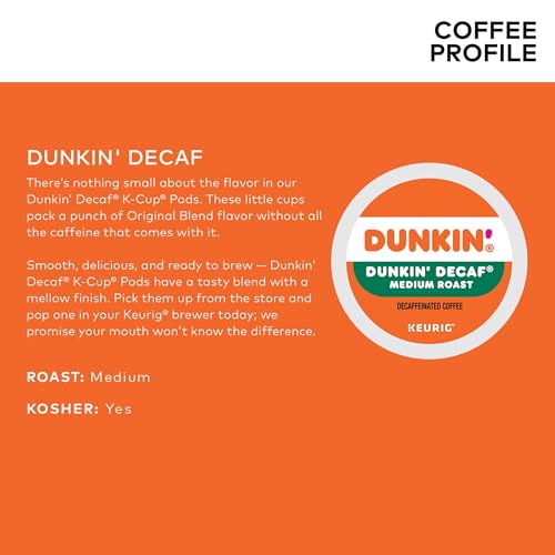 Dunkin' Decaf Medium Roast Coffee, 22 K Cups for Keurig Coffee Makers