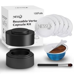 nessus reusable vertuo capsule kit, [alseal ez fit] for reusable nespresso pods with 100 pcs aluminum foil seal lids, holder, brush, for refilling nespresso vertuo pods reusable vertuoline pod