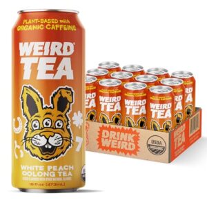 drink weird - weird tea, white peach oolong tea, certified organic functional iced tea with 160mg of natural caffeine, 12 pack of 16oz cans