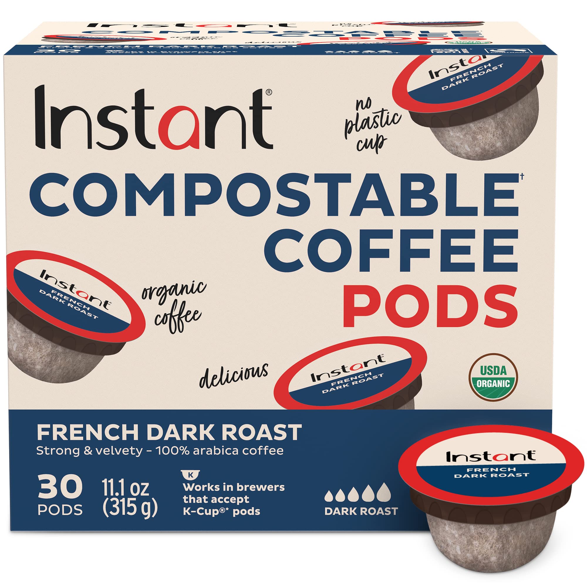 Instant Compostable Coffee Pods, 30 Plant-Based Coffee Pods, From the Makers of Instant Pot, Eco-Friendly, USDA Organic, Compatible with K-Cup Brewers, French Dark Roast