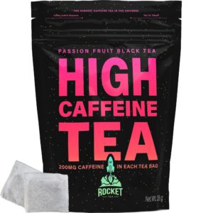 high caffeine tea - highly caffeinated passion fruit black tea - natural blend, high energy tea, coffee alternative with 200mg caffeine, herbal tea coffee substitute, pack of 14 biodegradable tea bags by rocket tea