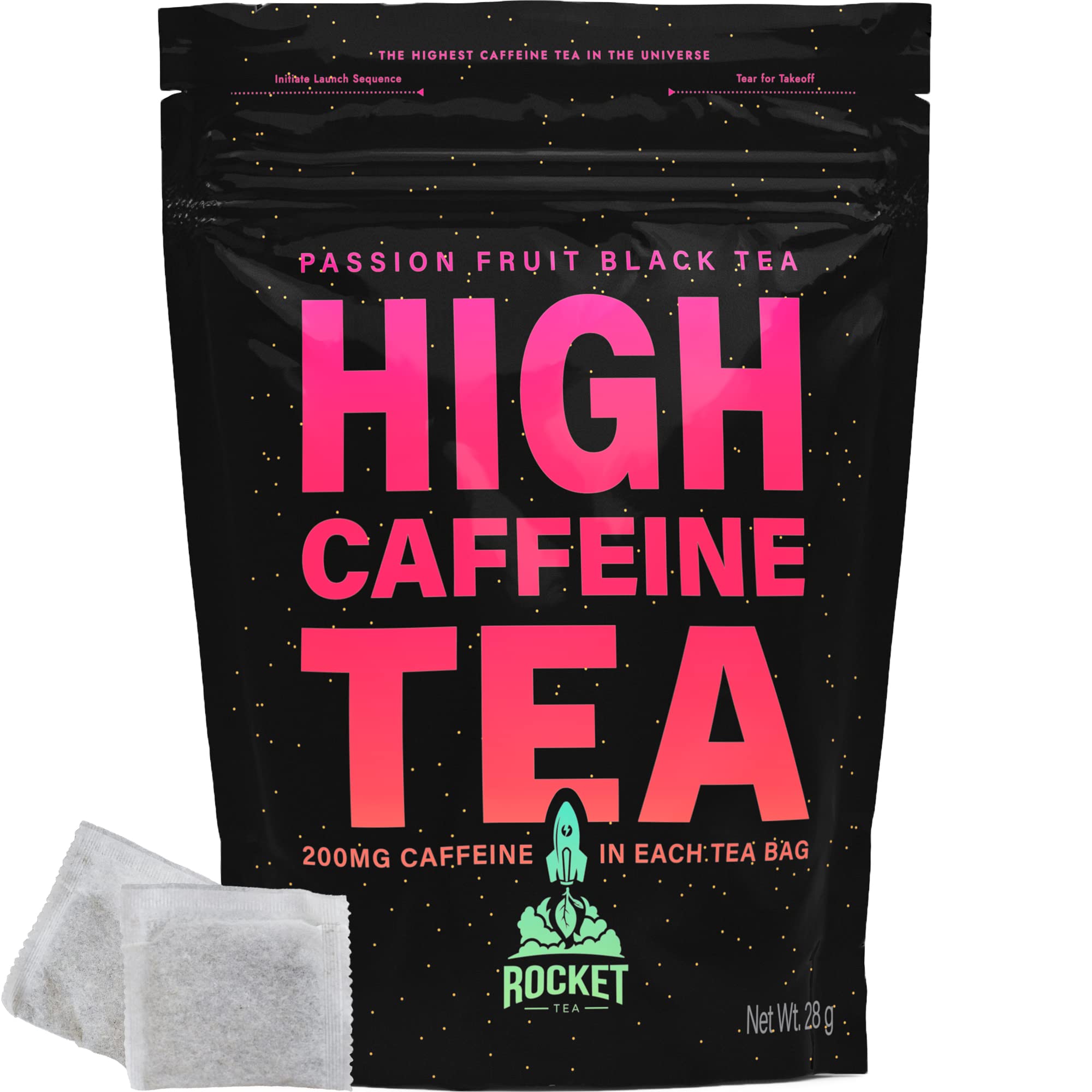 High Caffeine Tea - Highly Caffeinated Passion Fruit Black Tea - Natural Blend, High Energy Tea, Coffee Alternative With 200mg Caffeine, Herbal Tea Coffee Substitute, Pack of 14 Biodegradable Tea Bags by Rocket Tea