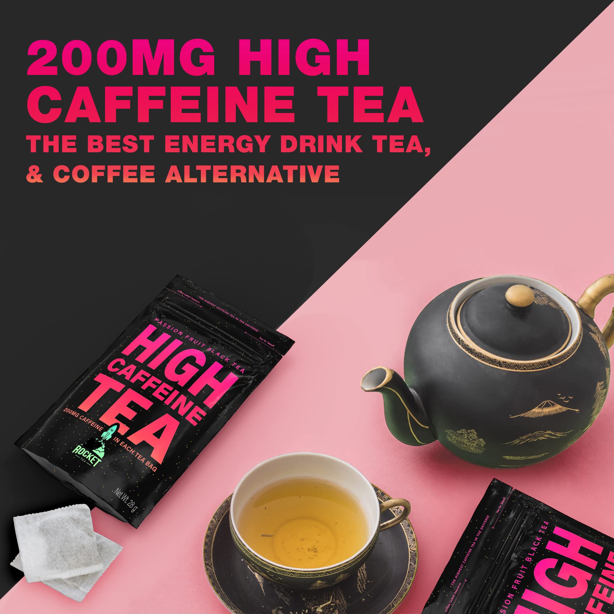 High Caffeine Tea - Highly Caffeinated Passion Fruit Black Tea - Natural Blend, High Energy Tea, Coffee Alternative With 200mg Caffeine, Herbal Tea Coffee Substitute, Pack of 14 Biodegradable Tea Bags by Rocket Tea