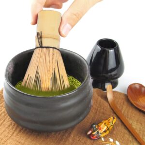 Artcome 10Pcs Japanese Matcha Tea Set, Matcha Bowl, Matcha Whisk, Whisk Holder, Traditional Scoop, Tea Spoon, Tea Cloth, Bamboo Holder, Scoop Holder, Matcha Powder Caddy, Matcha Powder Strainer(Black)