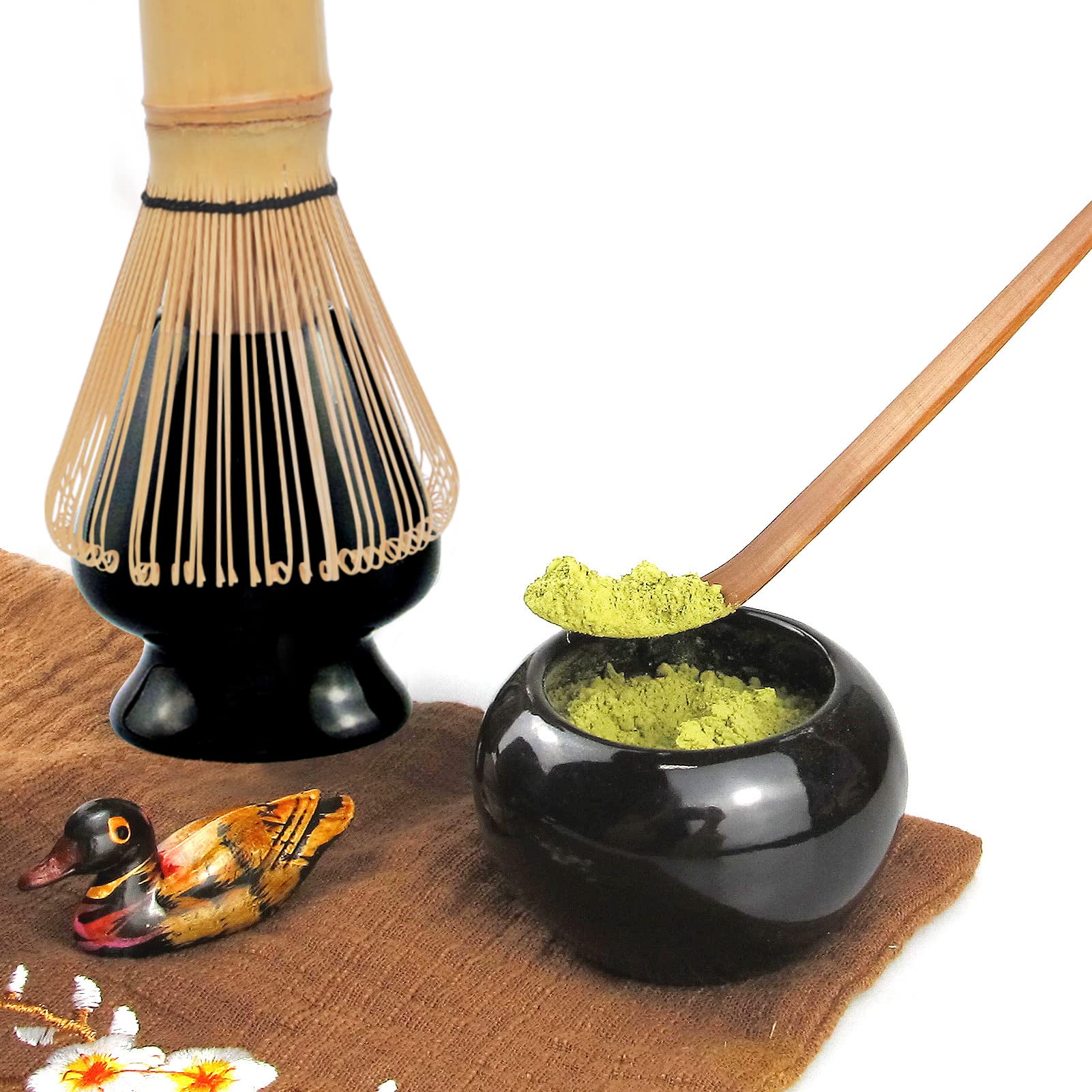 Artcome 10Pcs Japanese Matcha Tea Set, Matcha Bowl, Matcha Whisk, Whisk Holder, Traditional Scoop, Tea Spoon, Tea Cloth, Bamboo Holder, Scoop Holder, Matcha Powder Caddy, Matcha Powder Strainer(Black)