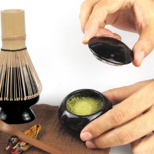 Artcome 10Pcs Japanese Matcha Tea Set, Matcha Bowl, Matcha Whisk, Whisk Holder, Traditional Scoop, Tea Spoon, Tea Cloth, Bamboo Holder, Scoop Holder, Matcha Powder Caddy, Matcha Powder Strainer(Black)