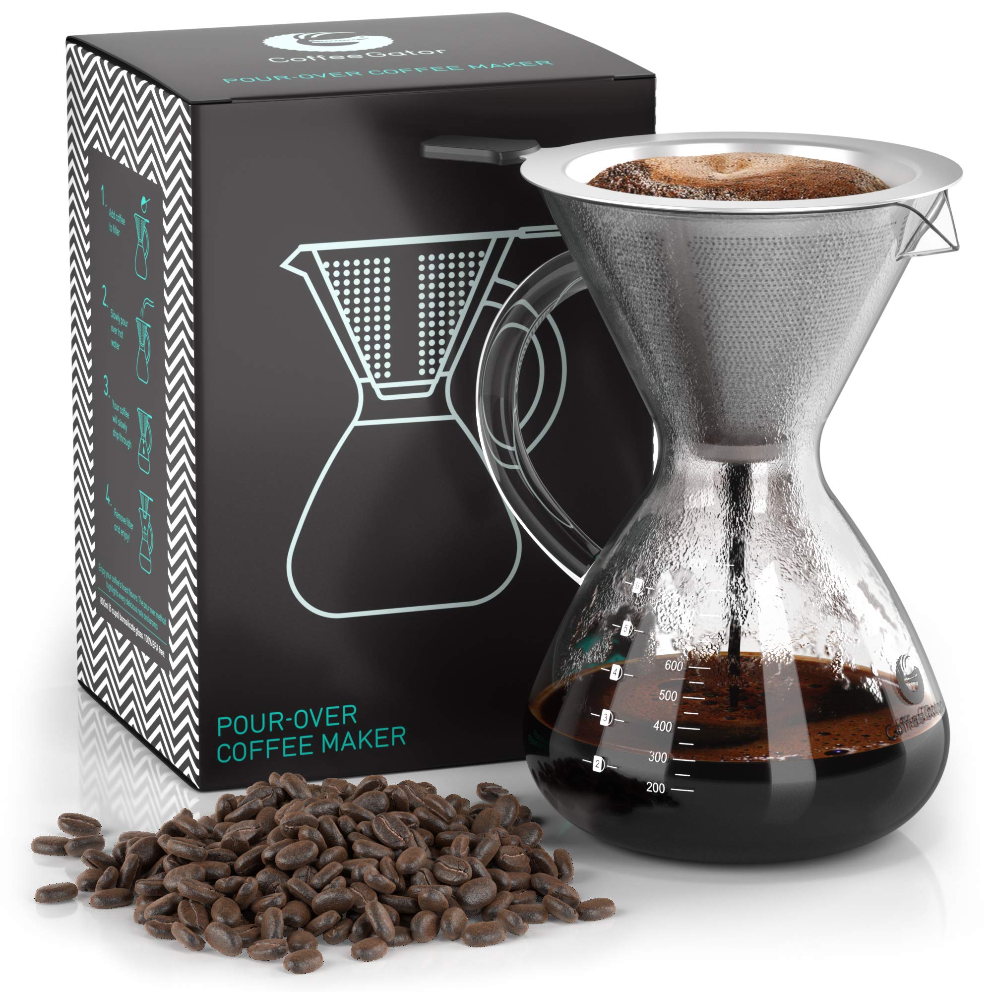 Coffee Gator Pour Over Coffee Maker - 27 oz Paperless, Portable, Drip Coffee Brewer Pour Over Set w/Glass Carafe & Stainless-Steel Mesh Filter, 800ml Clear