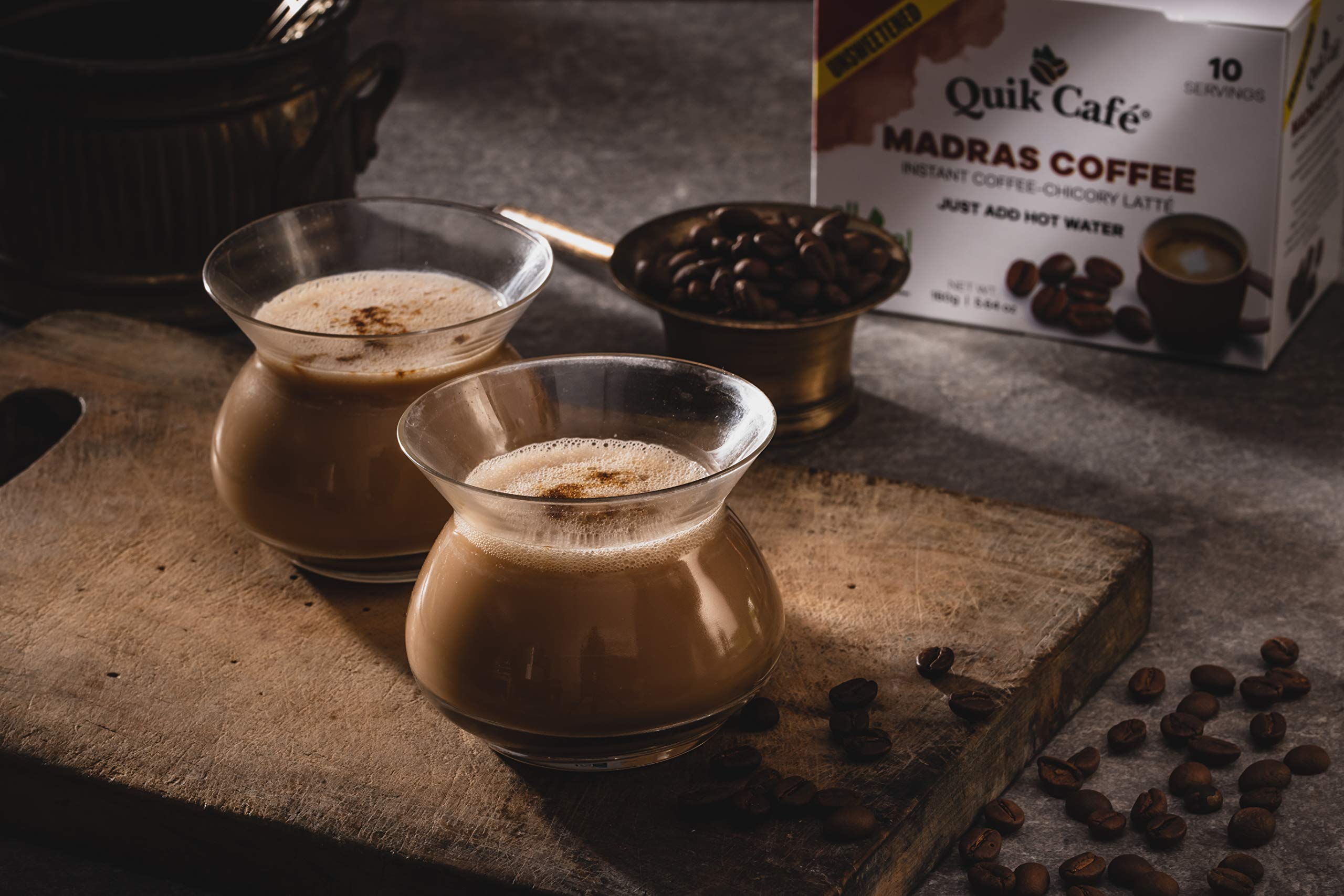 Quik Café Unsweetened Madras Coffee - 10 Count - All Natural Preservative Free Authentic Instant Coffee Latte