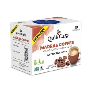 Quik Café Unsweetened Madras Coffee - 10 Count - All Natural Preservative Free Authentic Instant Coffee Latte