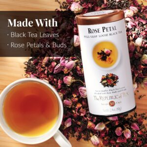 The Republic of Tea Rose Petal Full-Leaf Loose Black Tea, 2.8 Oz Tin | Steeps 50 Cups | Caffeinated