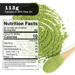 Organic Matcha Green Tea Powder-4oz(113g) Tin, 100% Natural & Pure, Ceremonial Grade, No Additives or Fillers, NO GMO