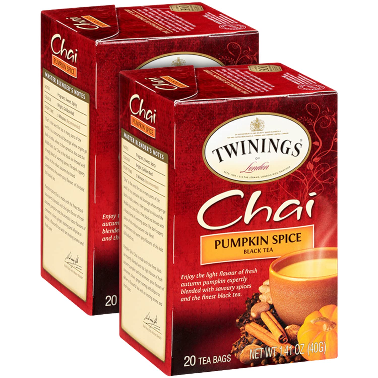 Twinings Pumpkin Spice Chai Tea, Caffeinated Black Tea Naturally Flavored with Aromatic Spices and Ginger, Tea Bags Individually Wrapped, 20 Count Ea (Pack of 2)