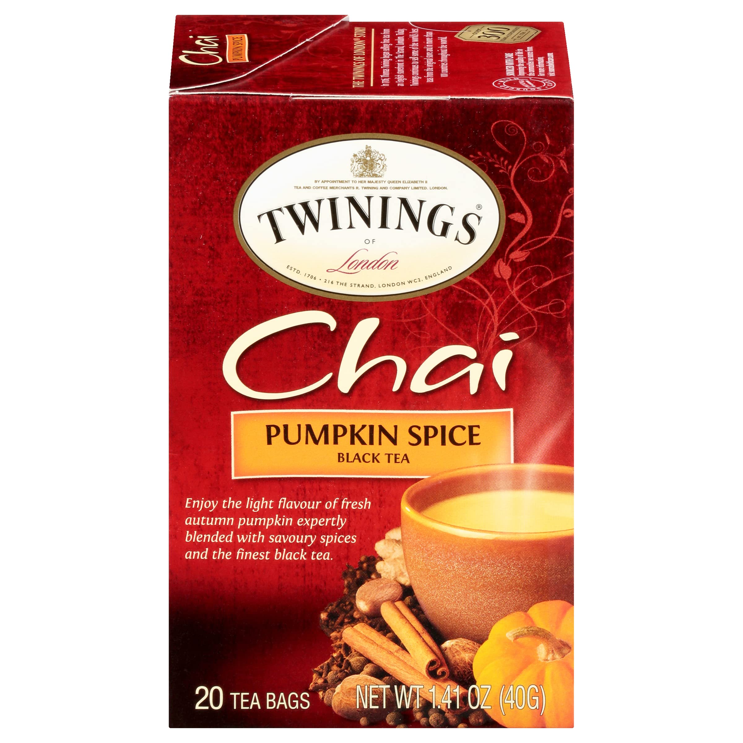 Twinings Pumpkin Spice Chai Tea, Caffeinated Black Tea Naturally Flavored with Aromatic Spices and Ginger, Tea Bags Individually Wrapped, 20 Count Ea (Pack of 2)