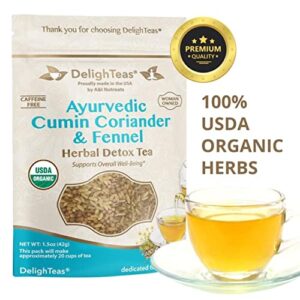 DelighTeas Organic Digest & Detox CCF Tea | Ayurvedic Cumin, Coriander, Fennel Loose Leaf Tea for Digestion, Detox, Cleanse | USDA Organic, Non-GMO, Caffeine Free, Sugar Free | 20 Servings, 1.5 oz.