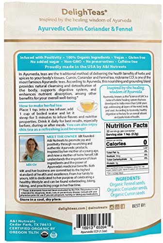 DelighTeas Organic Digest & Detox CCF Tea | Ayurvedic Cumin, Coriander, Fennel Loose Leaf Tea for Digestion, Detox, Cleanse | USDA Organic, Non-GMO, Caffeine Free, Sugar Free | 20 Servings, 1.5 oz.