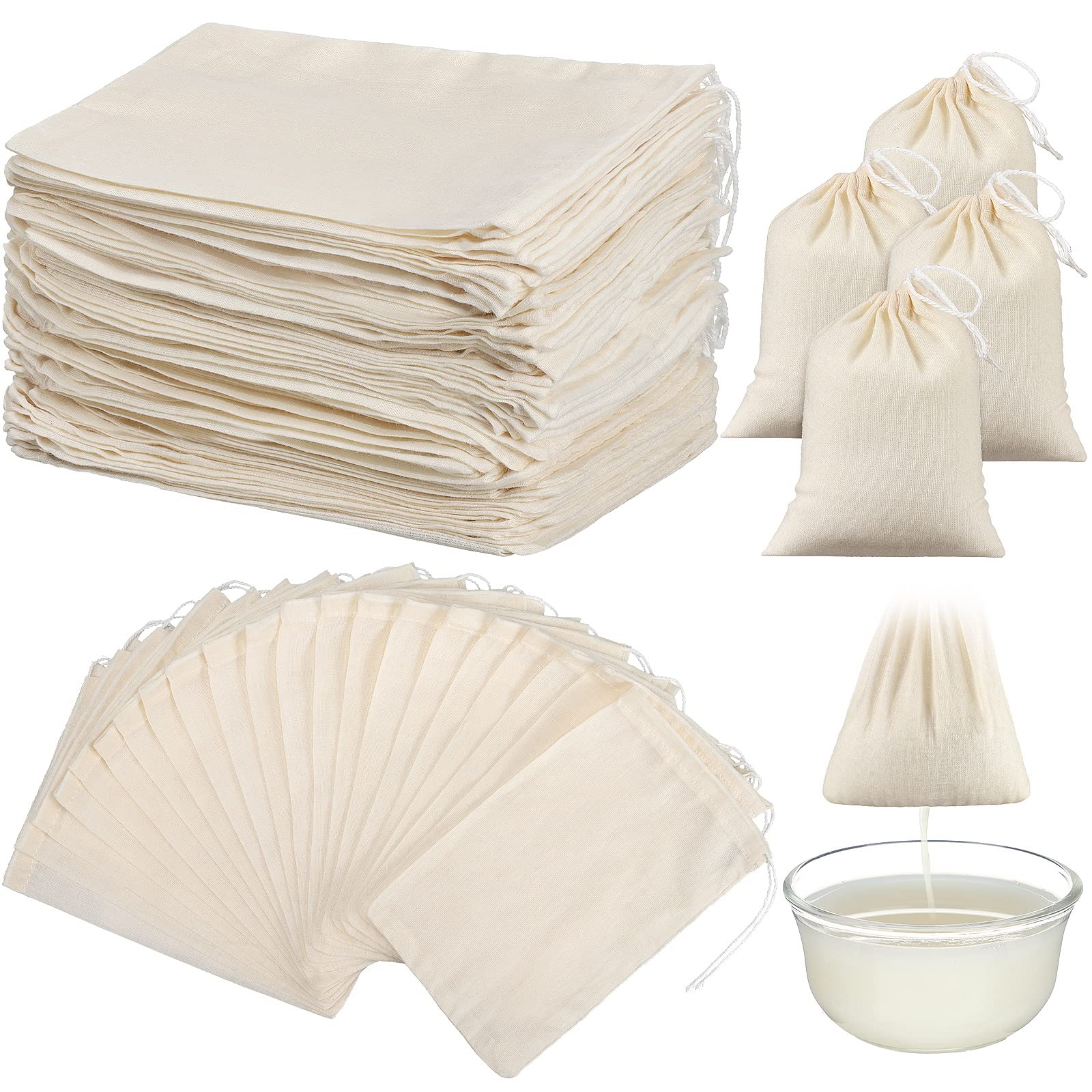 100 Pieces Cheesecloth Bags for Straining Reusable Tea Filter Bags Muslin Bags Cold Brew Bags Milk Tea Filter Strainer Cheese Clothes Cheese Cloth Bags for Office Kitchen Cooking (3 x 4 Inch)