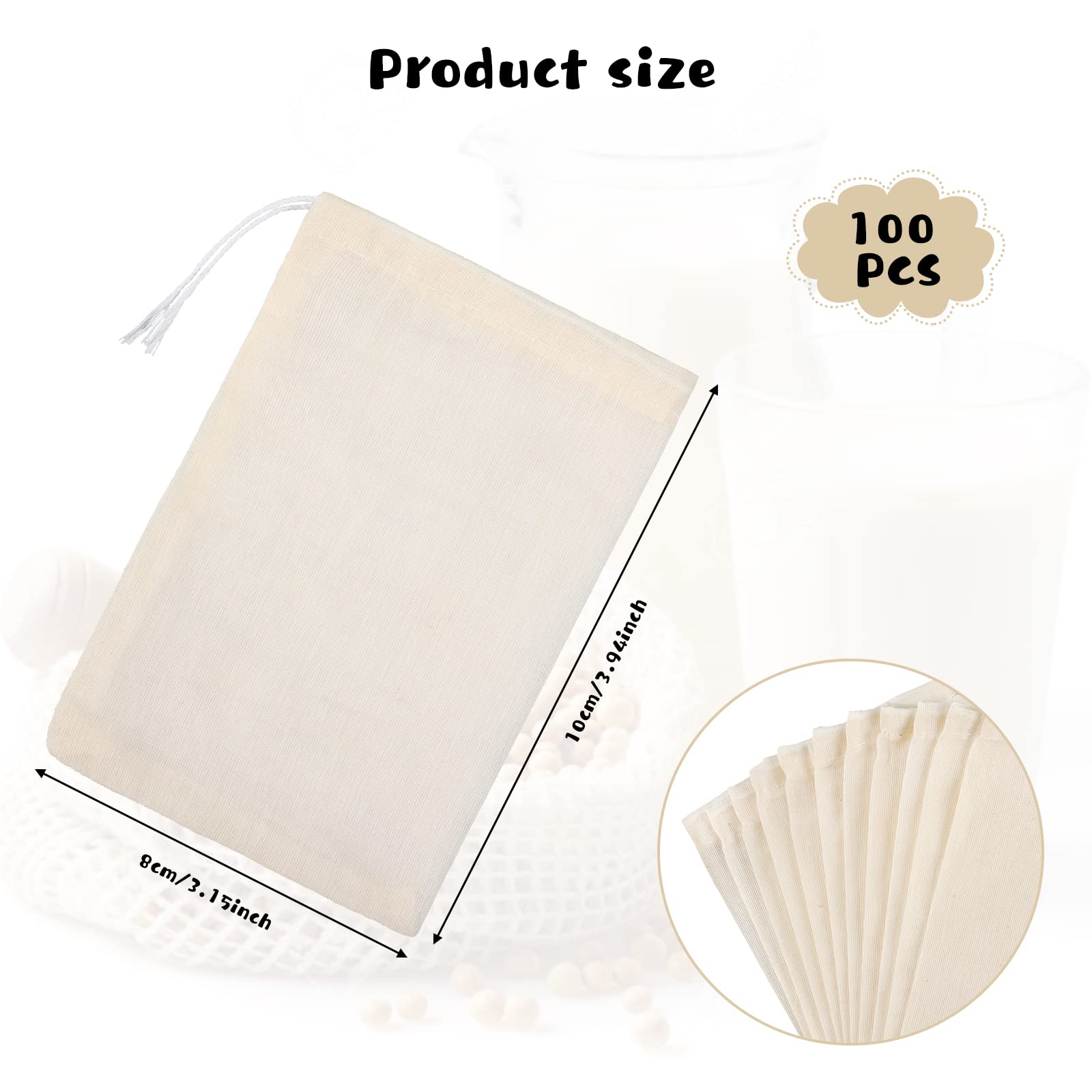 100 Pieces Cheesecloth Bags for Straining Reusable Tea Filter Bags Muslin Bags Cold Brew Bags Milk Tea Filter Strainer Cheese Clothes Cheese Cloth Bags for Office Kitchen Cooking (3 x 4 Inch)