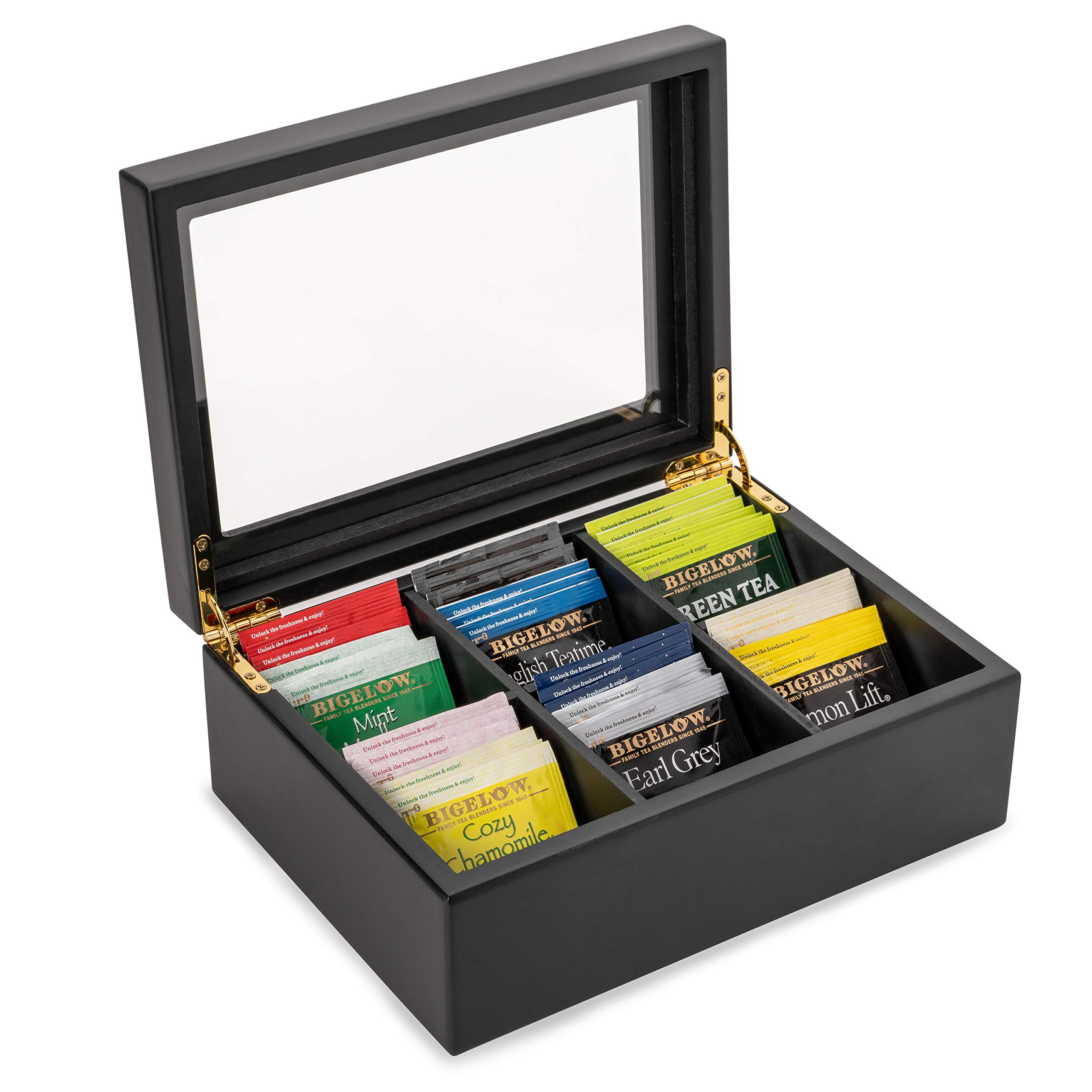 Break Tradition Wooden Tea Organizer For Tea Bags - Black Wooden Tea Chest With 6 Compartments - Clear Top Window - Lid Stays Open (Black)