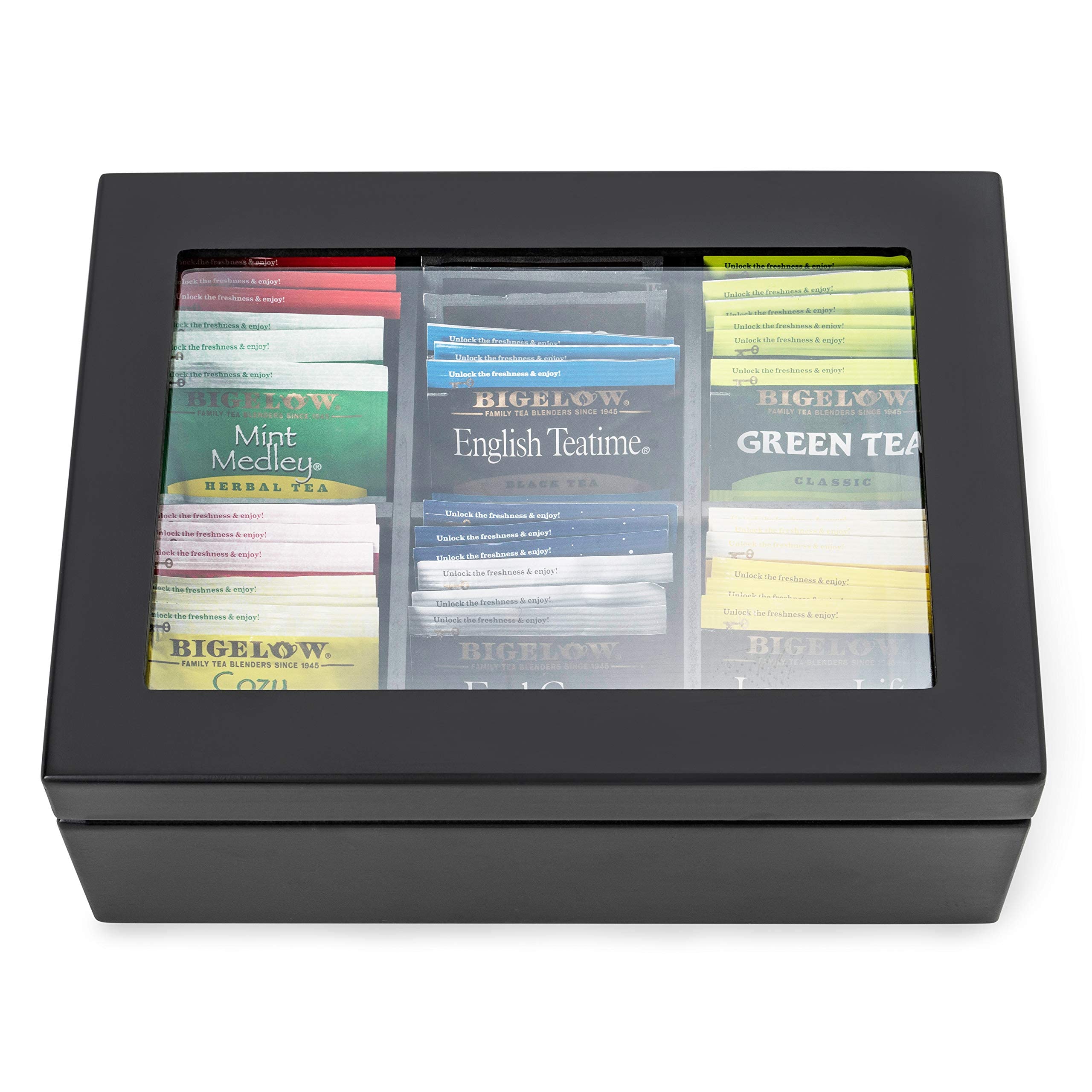 Break Tradition Wooden Tea Organizer For Tea Bags - Black Wooden Tea Chest With 6 Compartments - Clear Top Window - Lid Stays Open (Black)