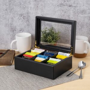 Break Tradition Wooden Tea Organizer For Tea Bags - Black Wooden Tea Chest With 6 Compartments - Clear Top Window - Lid Stays Open (Black)