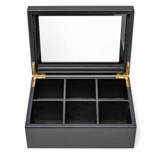 Break Tradition Wooden Tea Organizer For Tea Bags - Black Wooden Tea Chest With 6 Compartments - Clear Top Window - Lid Stays Open (Black)