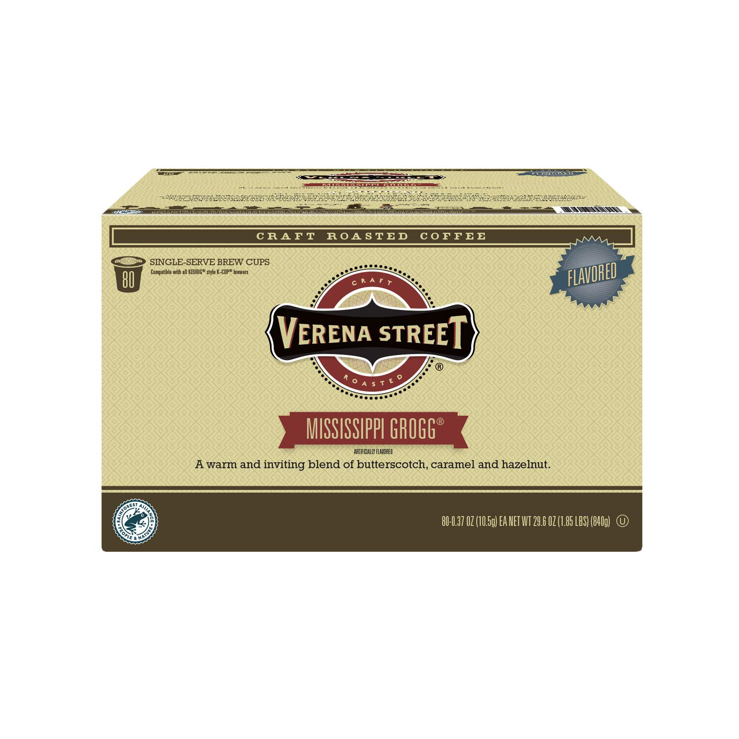 Verena Street Single Cup Pods (80 Count) Flavored Coffee, Mississippi Grogg, Rainforest Alliance Certified Arabica Coffee, Compatible with Keurig K-cup Brewers