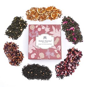 taimei teatime assorted loose leaf tea sampler in pyramid tea bag, top 6 flavors, 24 herbal tea bags, all natural high to no caffeine tea variety pack - earl grey, oolong, herbal, fruit tea in tea assortment gift set, hot and iced tea