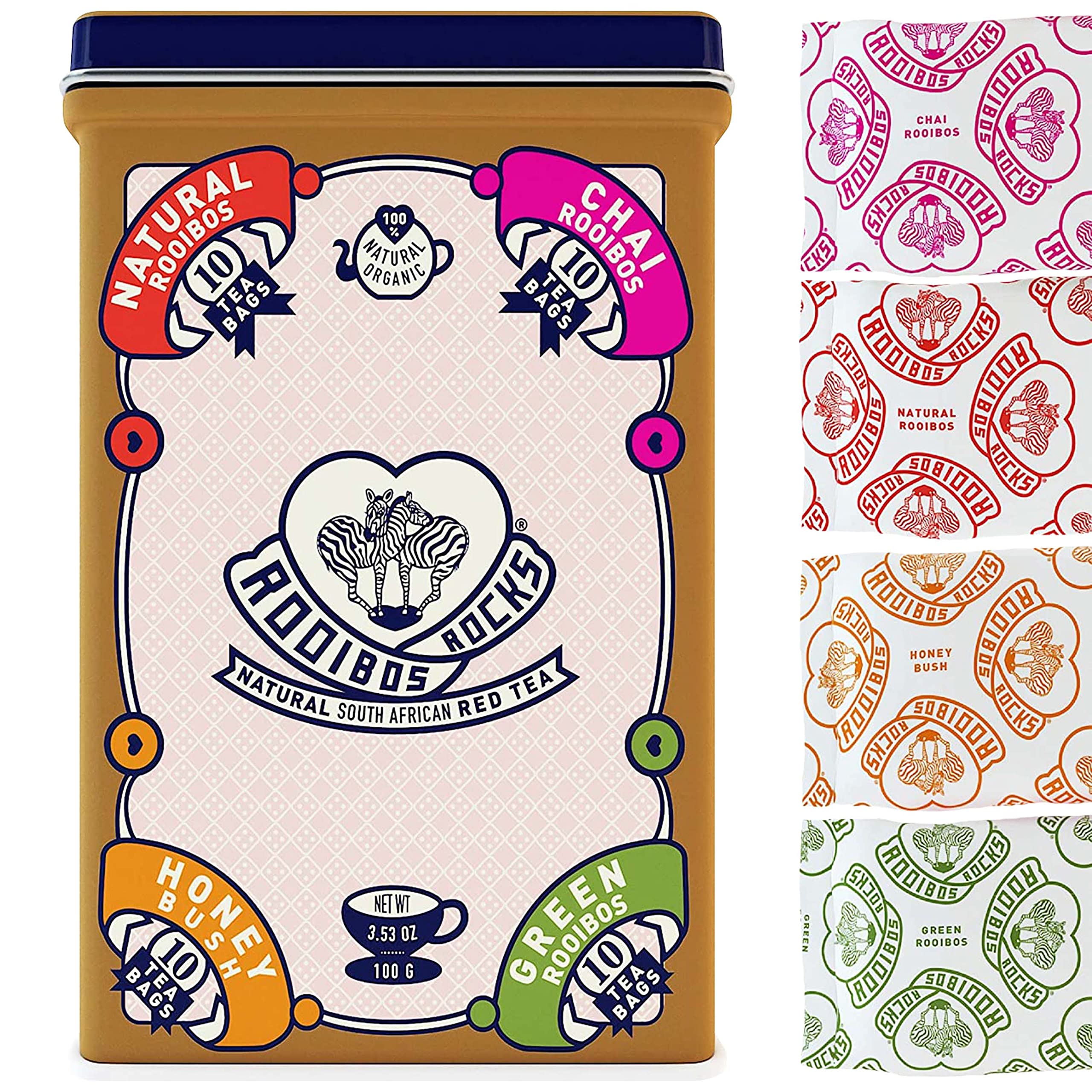 Vintage Rooibos Tea Tin 40 Variety Tea Bags Gift Set - 10 Tea Bags Each of our 4 Tea Varieties in a Nice, Ready-to-Gift Tin Can - Green & Red Rooibos Tea, Honeybush Tea & Chai Rooibos Tea Sampler Set