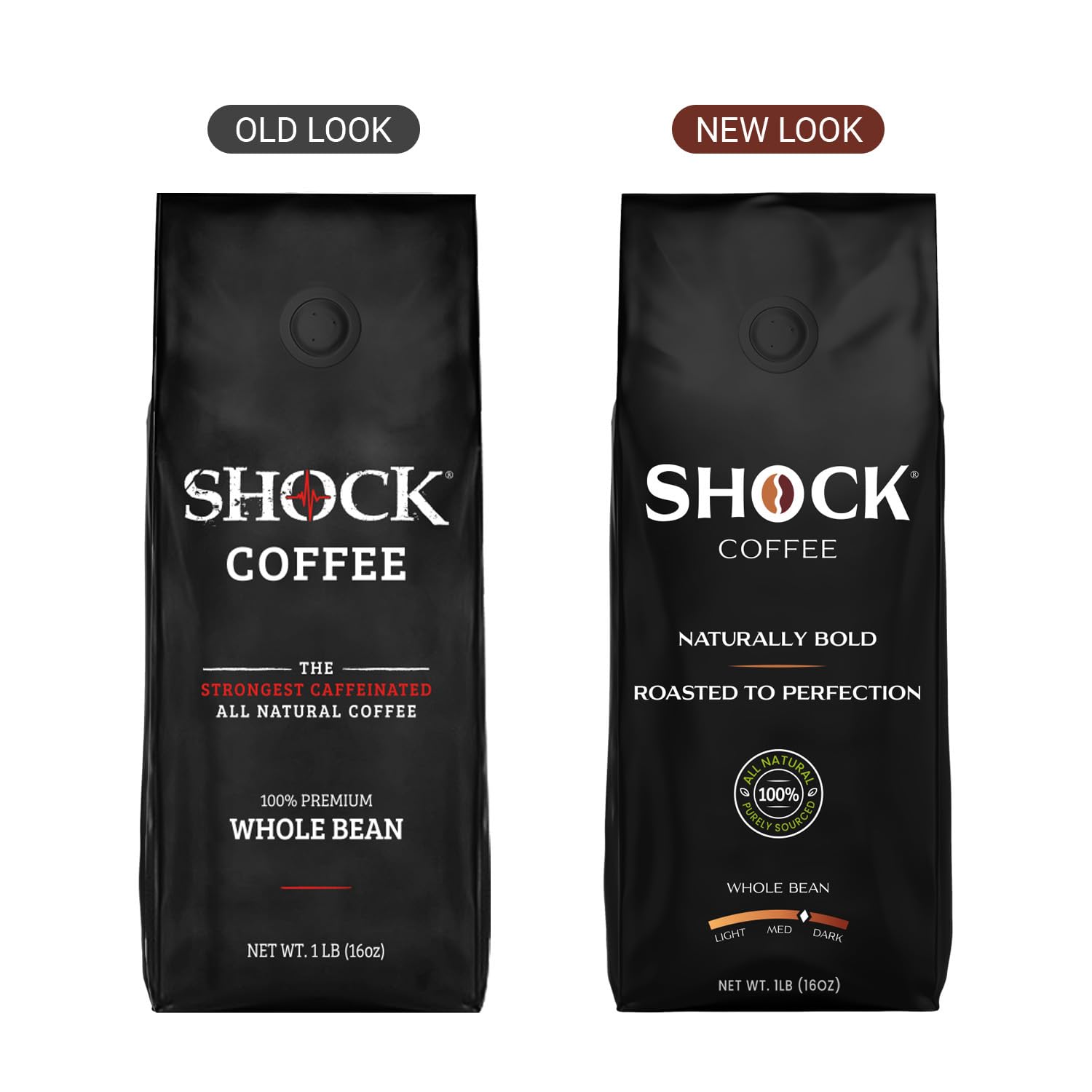 Shock Coffee - Bold all Arabica Med-Dark Roast Whole Bean, Fresh Look - Richer Taste, 1 pound