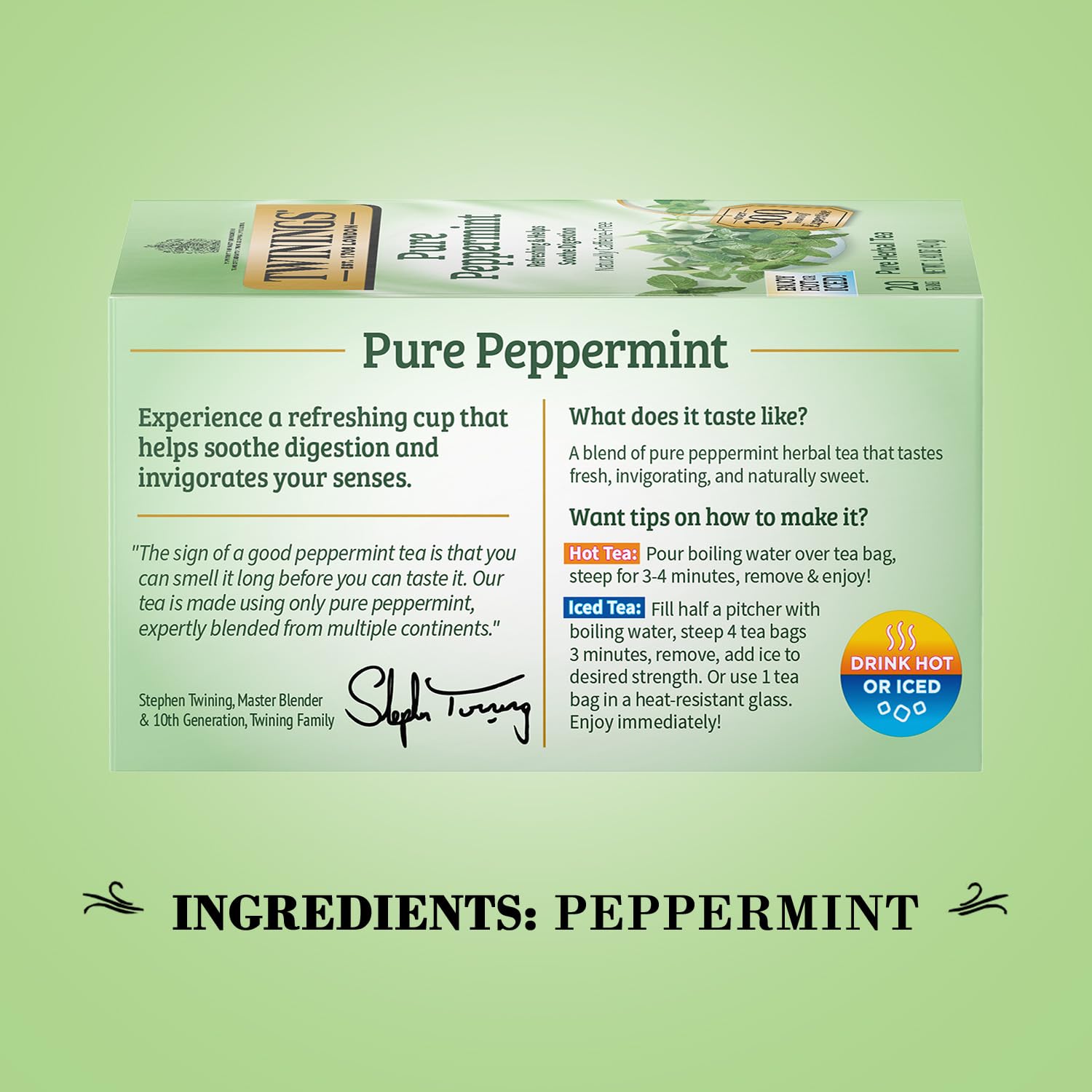 Twinings Pure Peppermint Tea - Refreshing Mint Tea, Naturally Caffeine-Free Herbal Tea Bags Individually Wrapped, 20 Count (Pack of 3)