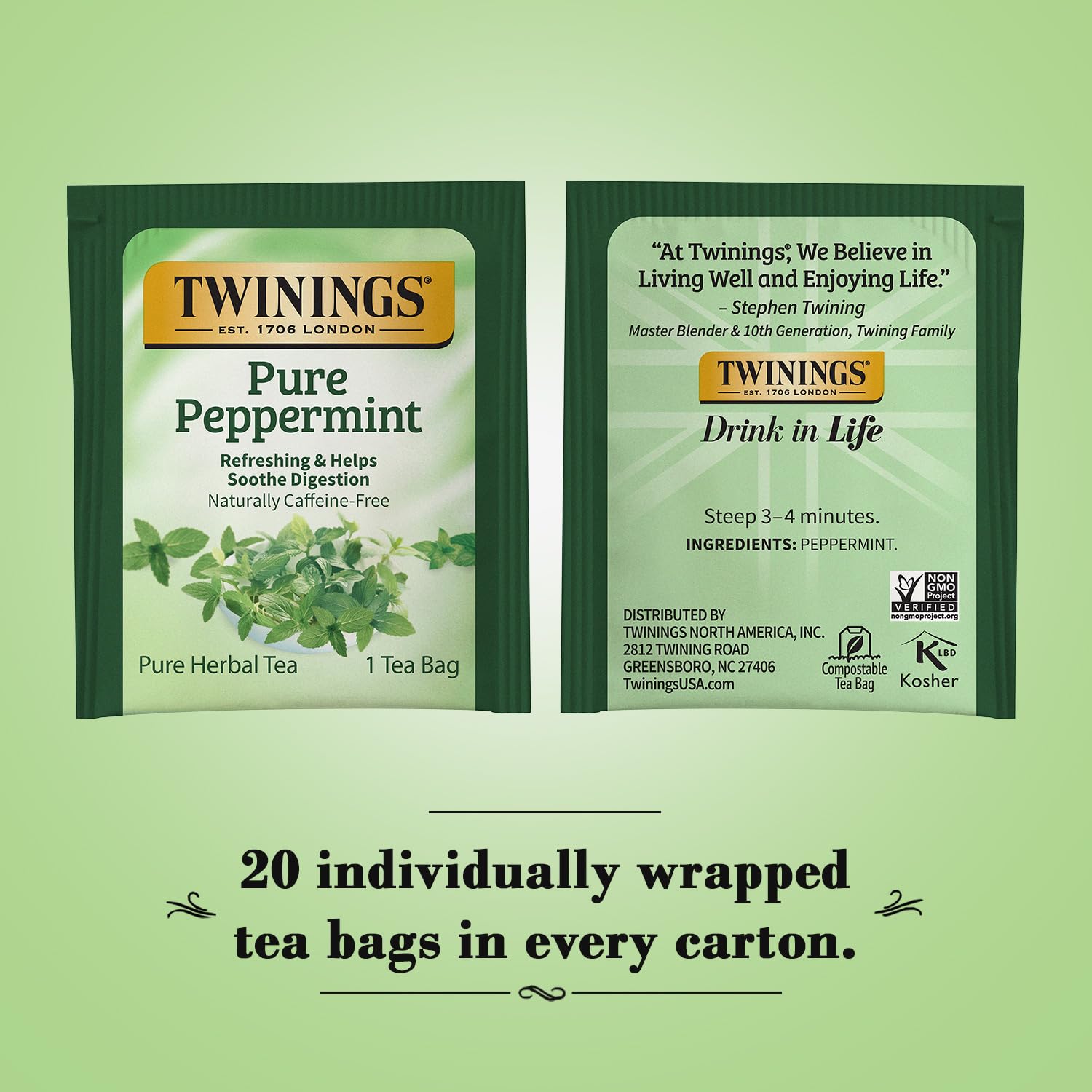 Twinings Pure Peppermint Tea - Refreshing Mint Tea, Naturally Caffeine-Free Herbal Tea Bags Individually Wrapped, 20 Count (Pack of 3)