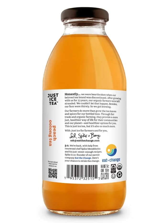 Just Ice Tea Organic Iced Tea, 16 Fl Oz Glass Bottles (Peach Oolong Tea, Pack of 12)