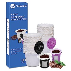 velocvil 2 pack reusable k cups with 100 pcs paper coffee filter set, refillable single cup coffee pods, universal fit for keurig 1.0, 2.0 brewers, white