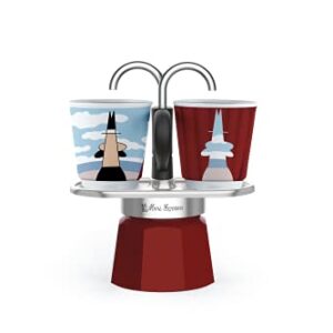 Bialetti - Mini Express Magritte: Moka Set includes Coffee Maker 2-Cup (2.8 Oz) + 2 shot glasses, Red, Aluminium