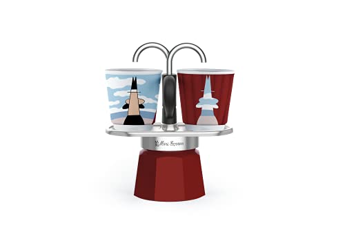 Bialetti - Mini Express Magritte: Moka Set includes Coffee Maker 2-Cup (2.8 Oz) + 2 shot glasses, Red, Aluminium