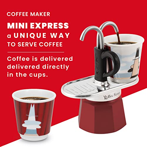 Bialetti - Mini Express Magritte: Moka Set includes Coffee Maker 2-Cup (2.8 Oz) + 2 shot glasses, Red, Aluminium