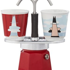 Bialetti - Mini Express Magritte: Moka Set includes Coffee Maker 2-Cup (2.8 Oz) + 2 shot glasses, Red, Aluminium