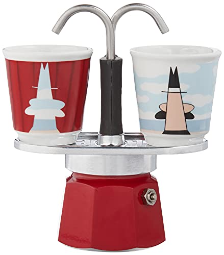 Bialetti - Mini Express Magritte: Moka Set includes Coffee Maker 2-Cup (2.8 Oz) + 2 shot glasses, Red, Aluminium