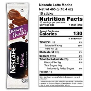 Nescafe 3 in 1 MOCHA Coffee Latte - Instant Coffee Packets - Single Serve Flavored Coffee Mix (15 Sticks)