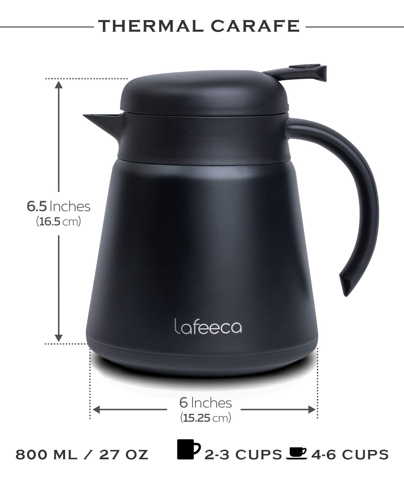 Lafeeca Thermal Coffee Carafe Tea Pot Stainless Steel, Double Wall Vacuum Insulated | Cool Touch Handle | Hot & Cold Retention | Non-Slip Silicone Base | BPA Free Black