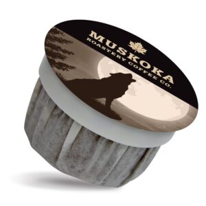 muskoka roastery coffee, howling wolf, medium dark roast, 20 single serve coffee pods, compatible with k-cup keurig brewers